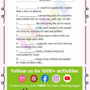 Landforms Printable Worksheets for Kids Geography Worksheet Activity ...