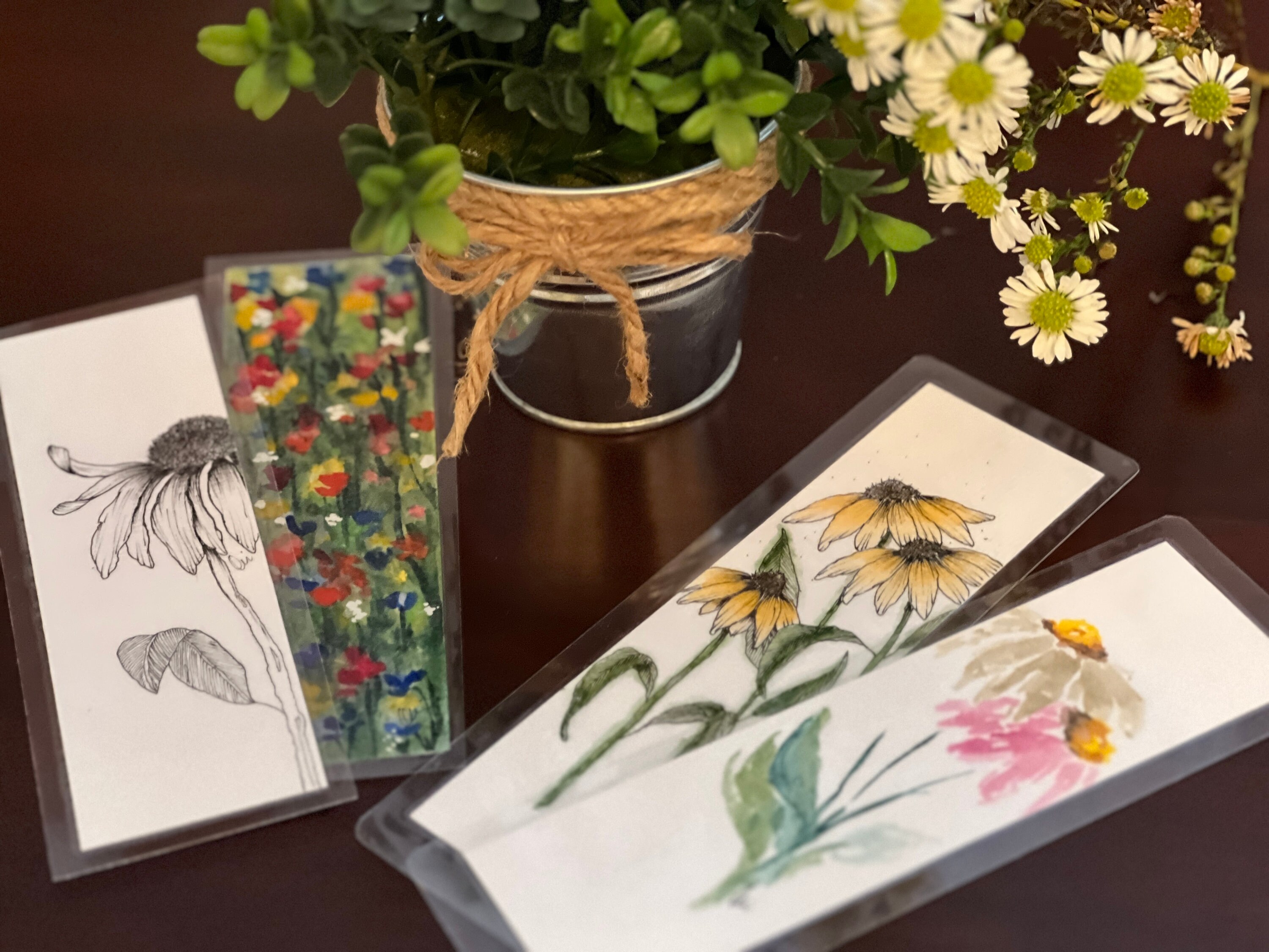 Hand-made Bookmarks/fine Line Drawing Daisy Designs/ Watercolor Floral ...