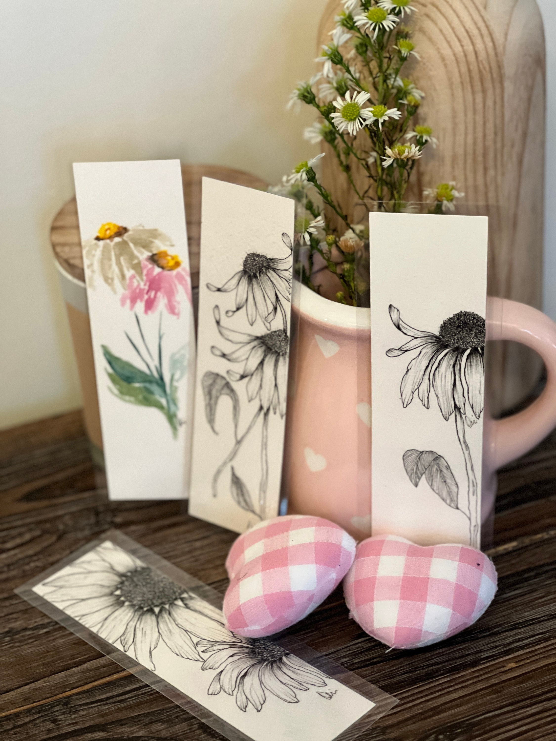 Hand-made Bookmarks/fine Line Drawing Daisy Designs/ Watercolor Floral ...