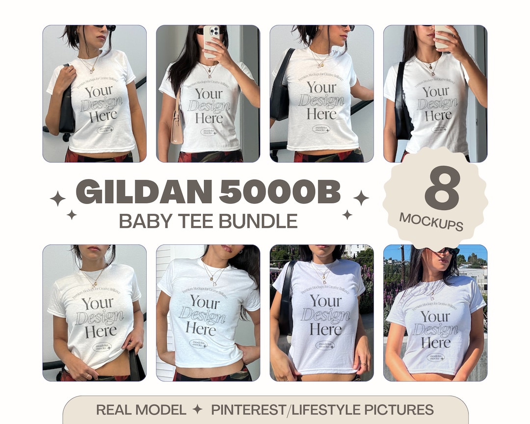 White Gildan 5000B Mockup Bundle, Baby Tee Mockup Bundle, Trendy 90s ...