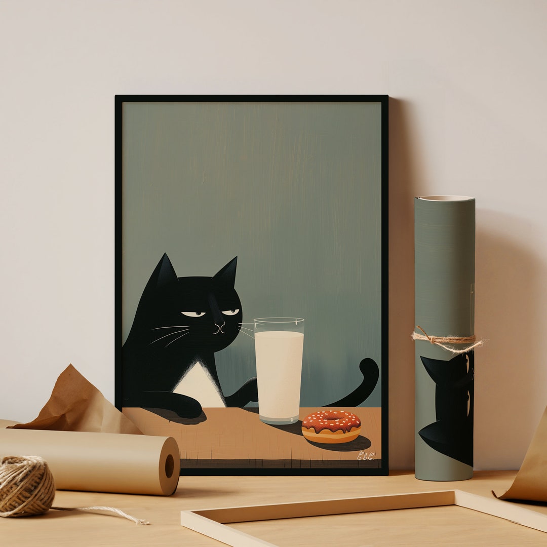 Cat Milk and Donut Poster, Wall Art, Modern Home Decor, Cat Artwork ...