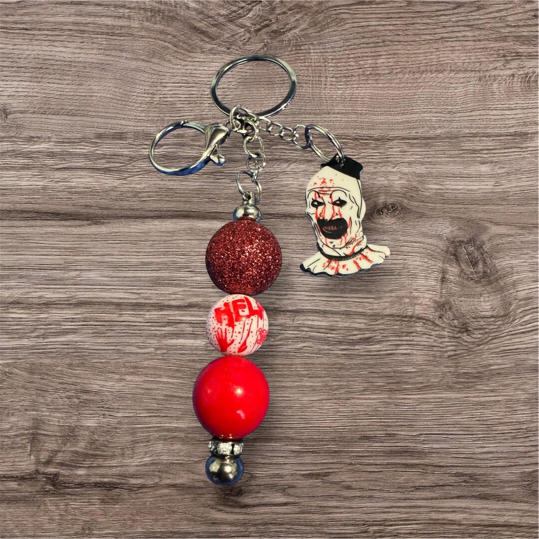 Terrifier Keychain With Horror Mask Charm Red Beads and "help" Text on ...