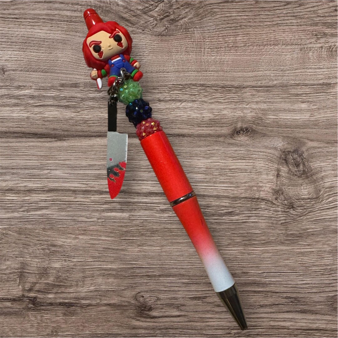 Chucky Horror Ink Pen With Bloody Knife Charm & Crystal Beads – Blue ...