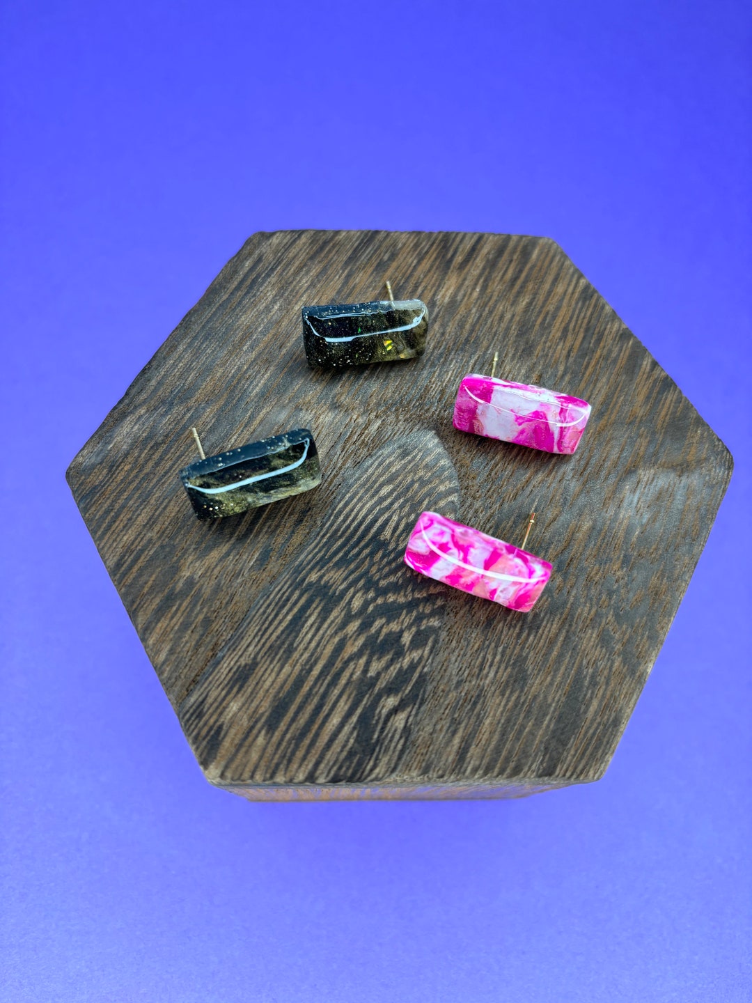 Black and Gold Marbled Opal, Pink and White Marbled Rectangle Stud ...