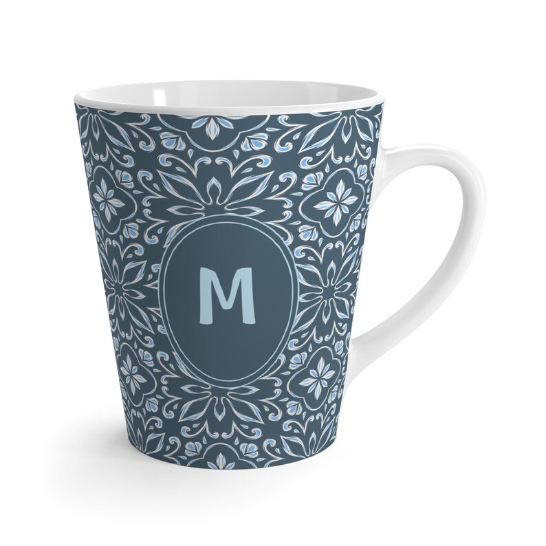 Monogram Coffee Mug Blue Toile Cup Design Floral Teacup Personalized ...