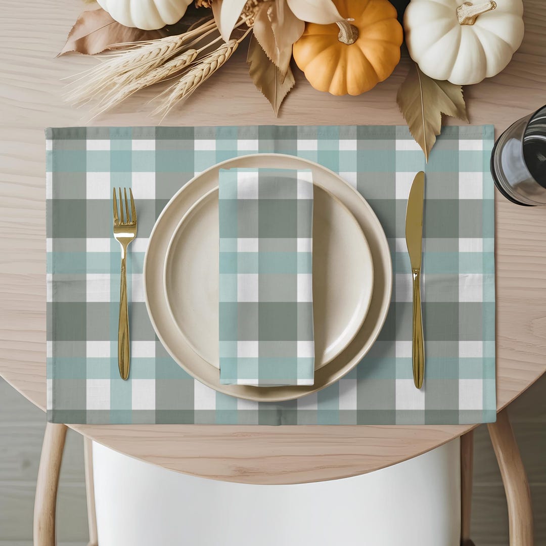 Blue Green Checker Place Setting Gingham Plaid Pattern Napkin Placemat ...