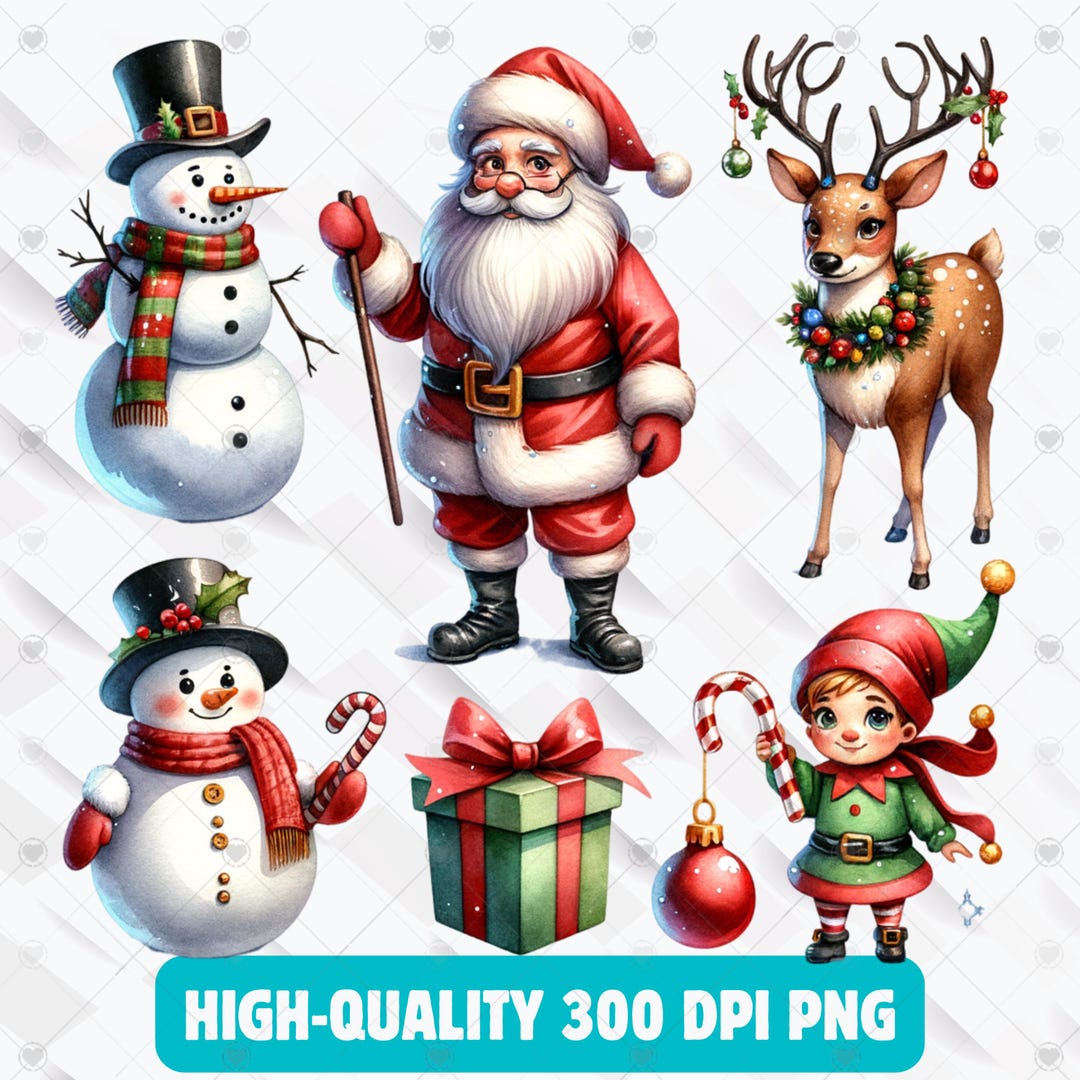 Watercolor Christmas Clipart Set, Santa, Reindeer, Snowman (PNG) - Etsy