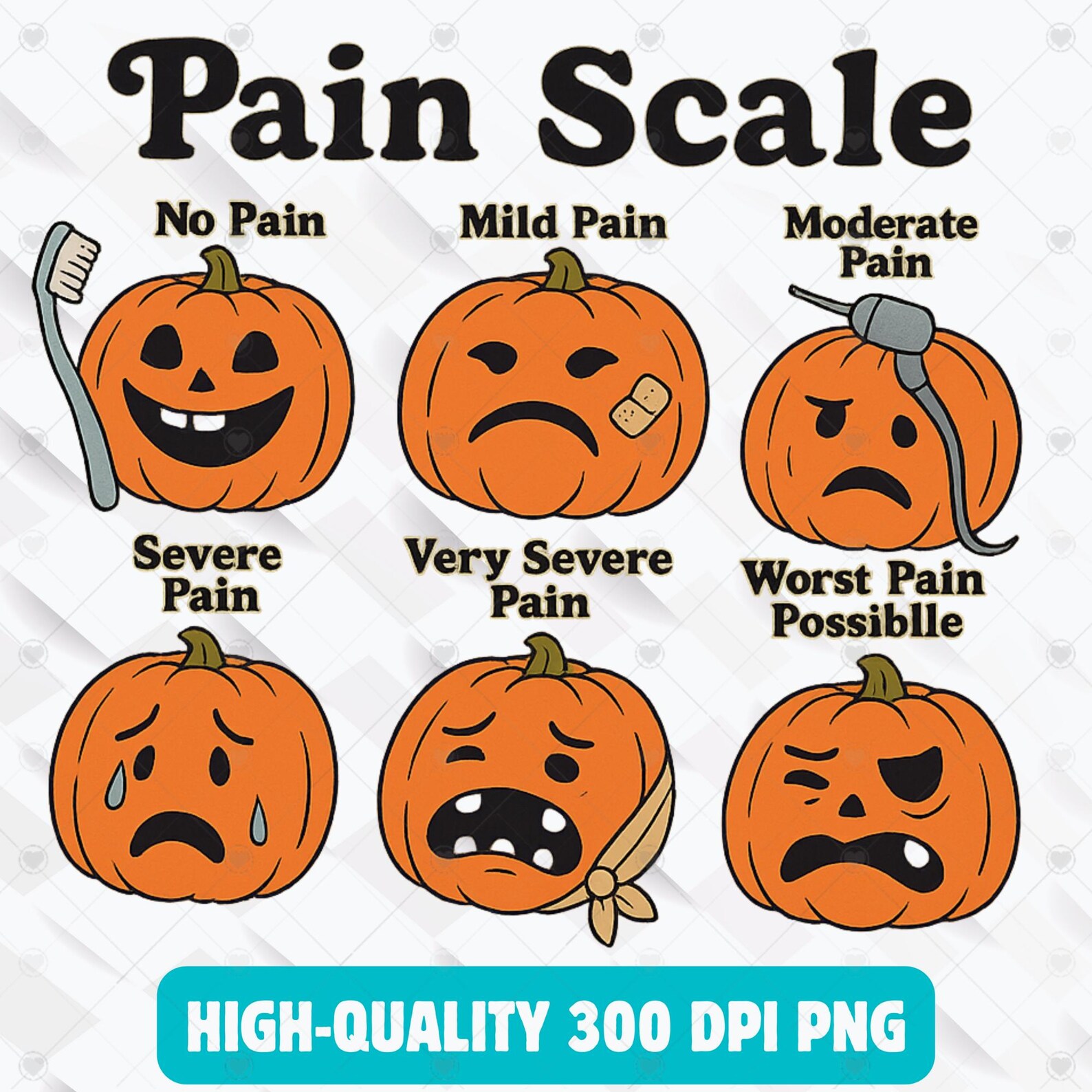 Spooky Halloween Dentist PNG: Funny Pumpkin Faces Pain Scale (digital ...