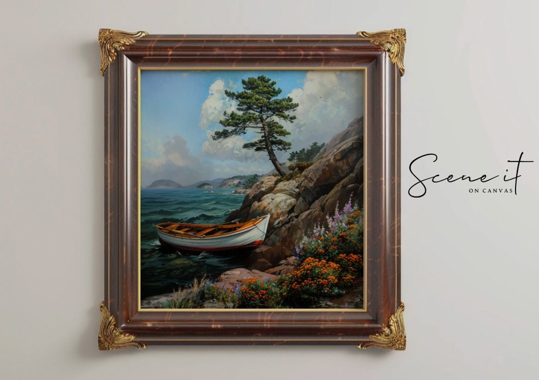 Natural River Landscape Printable Art, Serene Boat Scene Wall Decor ...