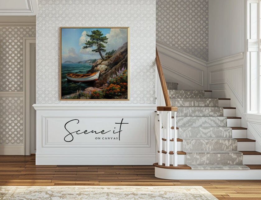 Natural River Landscape Printable Art, Serene Boat Scene Wall Decor ...