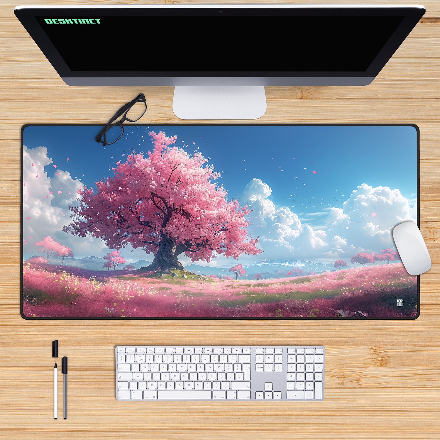 Japanese Cherry Blossom Tree Desk Mat, Green Deskmat, Kawaii Deskmat ...