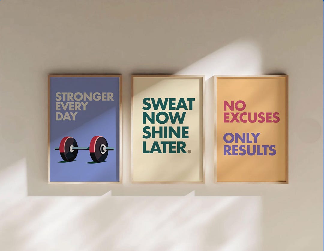 Retro Home Gym Posters: Motivational Workout Art Prints (set of 3 ...