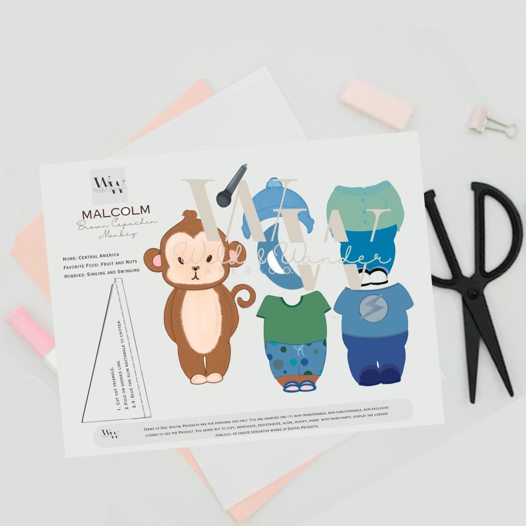 Malcom Monkey Paper Doll Digital Download Pretend Play, Printable Craft ...