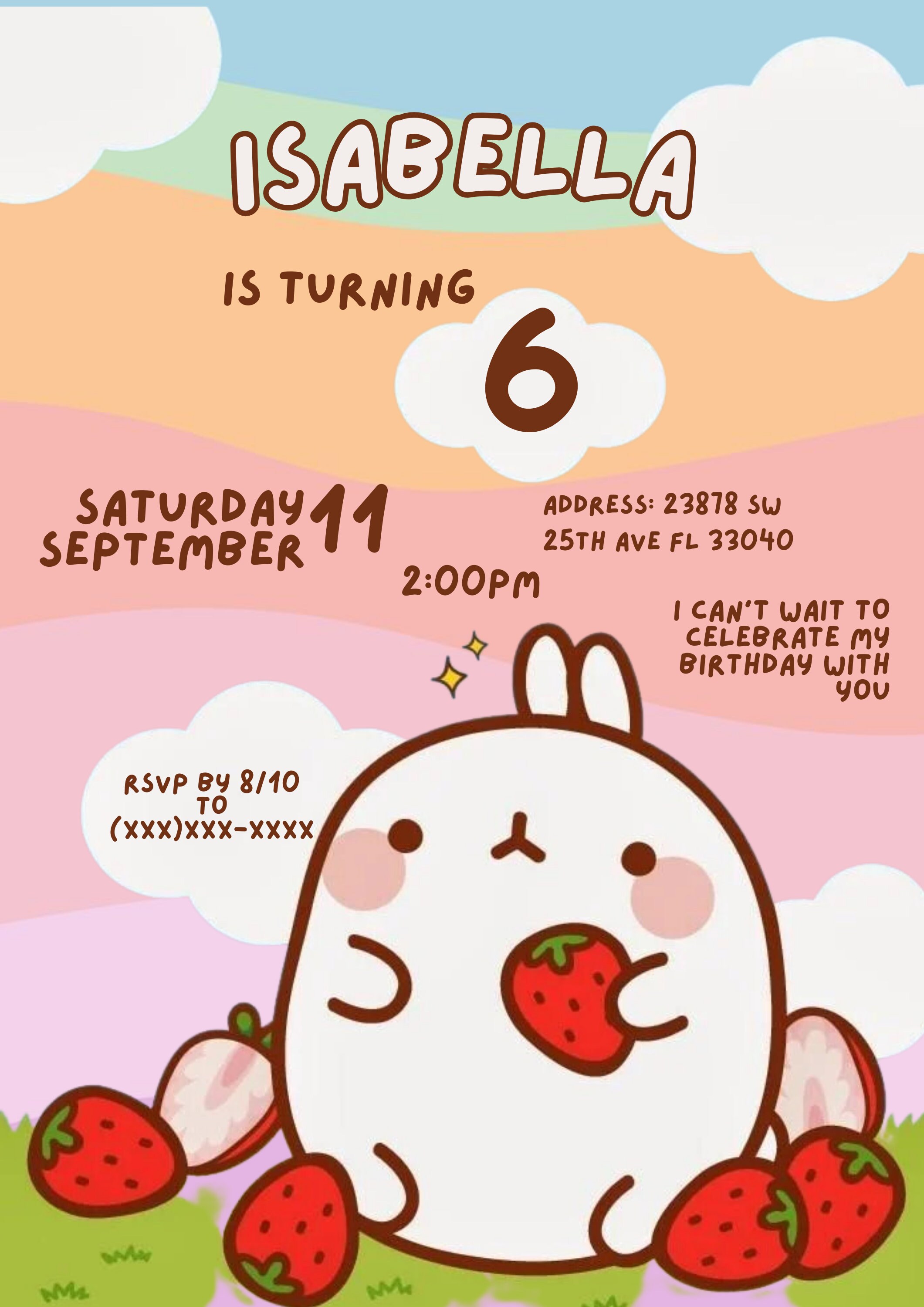 Editable Molang Invitation, Birthday Invitation Template, Canva ...