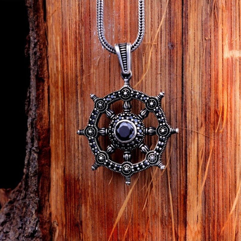 Sterling Silver Dharma Wheel Necklace, Black Dharma Chakra Pendant ...