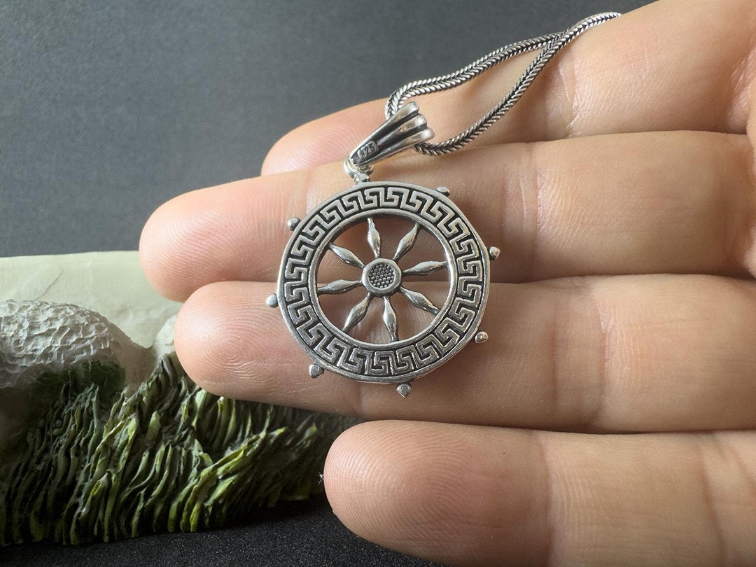 Sterling Silver Sun Medallion Necklace, Ship Wheel Medallion Necklace ...