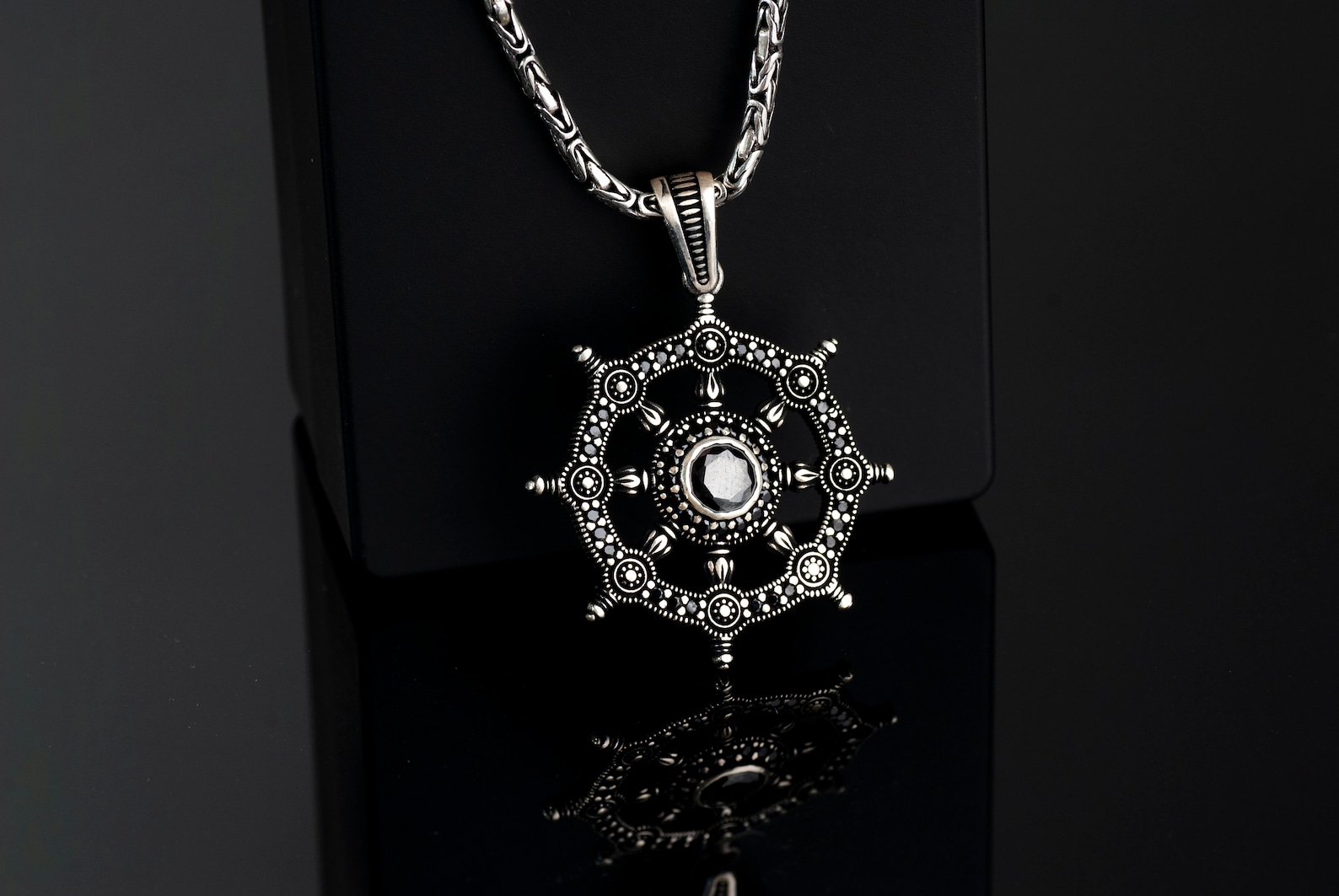 Dharma Wheel Necklace in Sterling Silver, Black Dharma Chakra Pendant ...