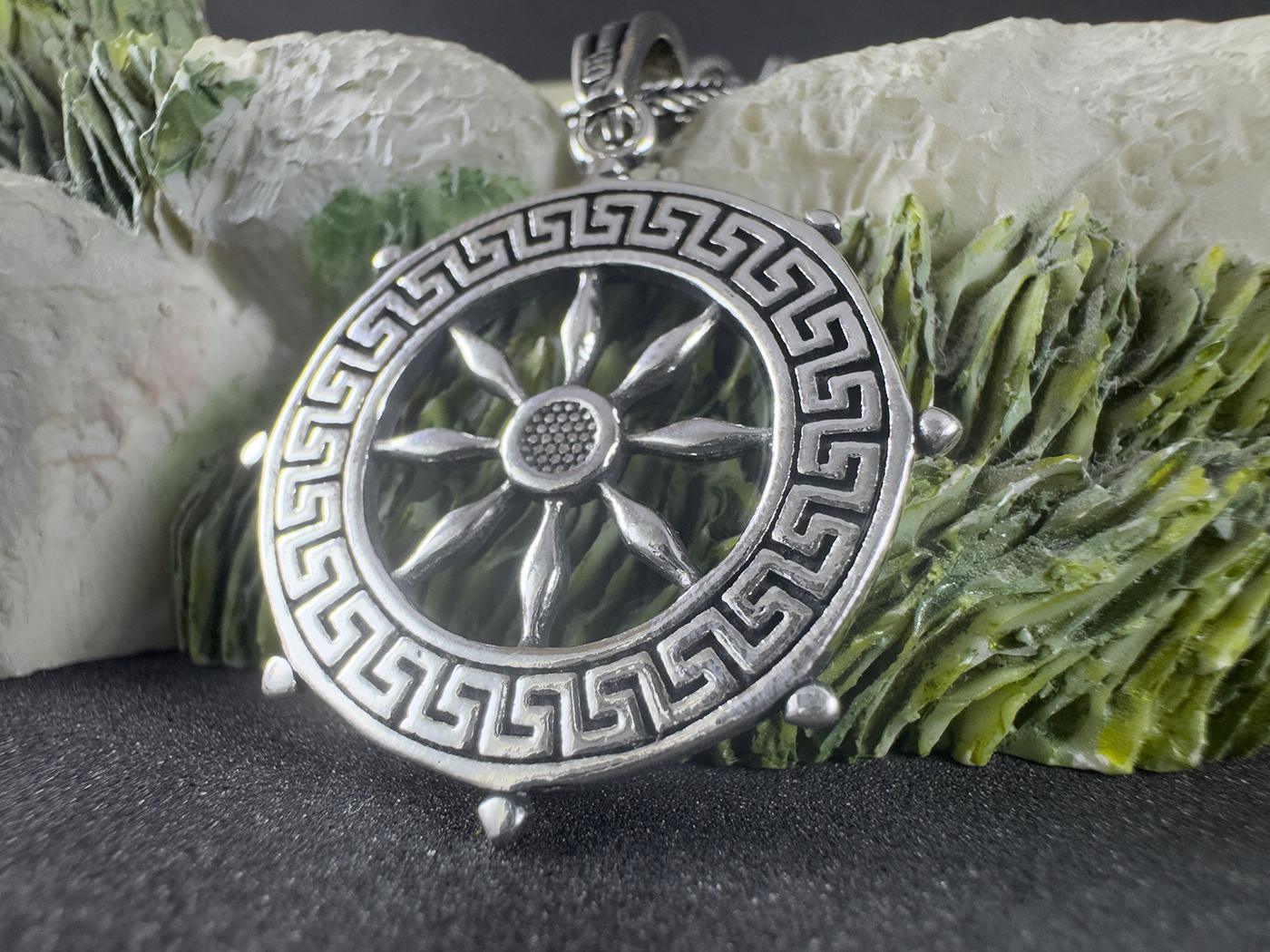 Sterling Silver Sun Medallion Necklace, Ship Wheel Medallion Necklace ...