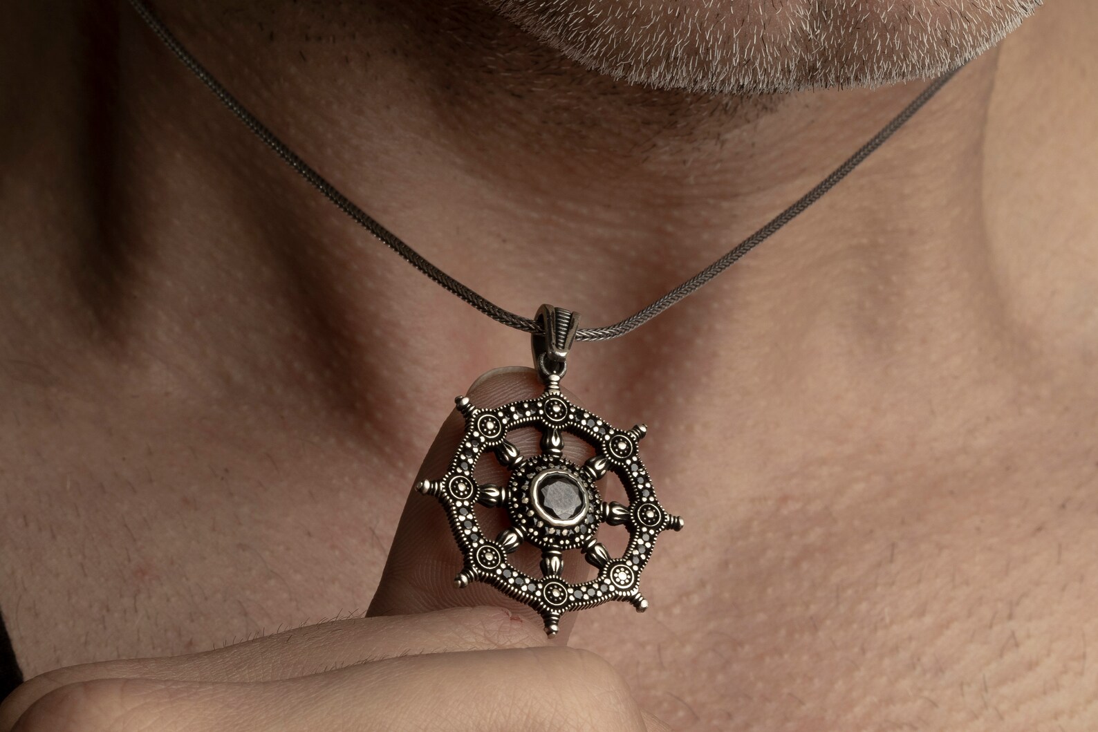 Dharma Wheel Necklace in Sterling Silver, Black Dharma Chakra Pendant ...