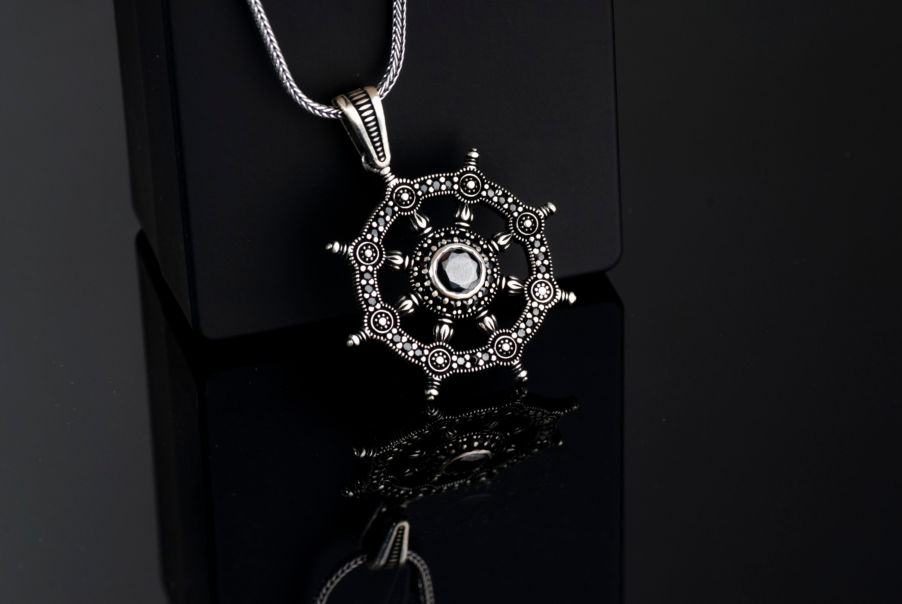 Dharma Wheel Necklace in Sterling Silver, Black Dharma Chakra Pendant ...