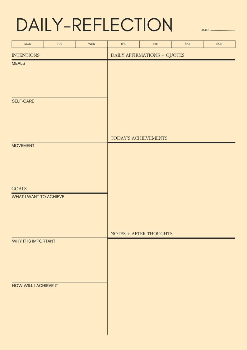 Daily Reflection Printable, Daily Planner, Self-reflection, Wellbeing ...
