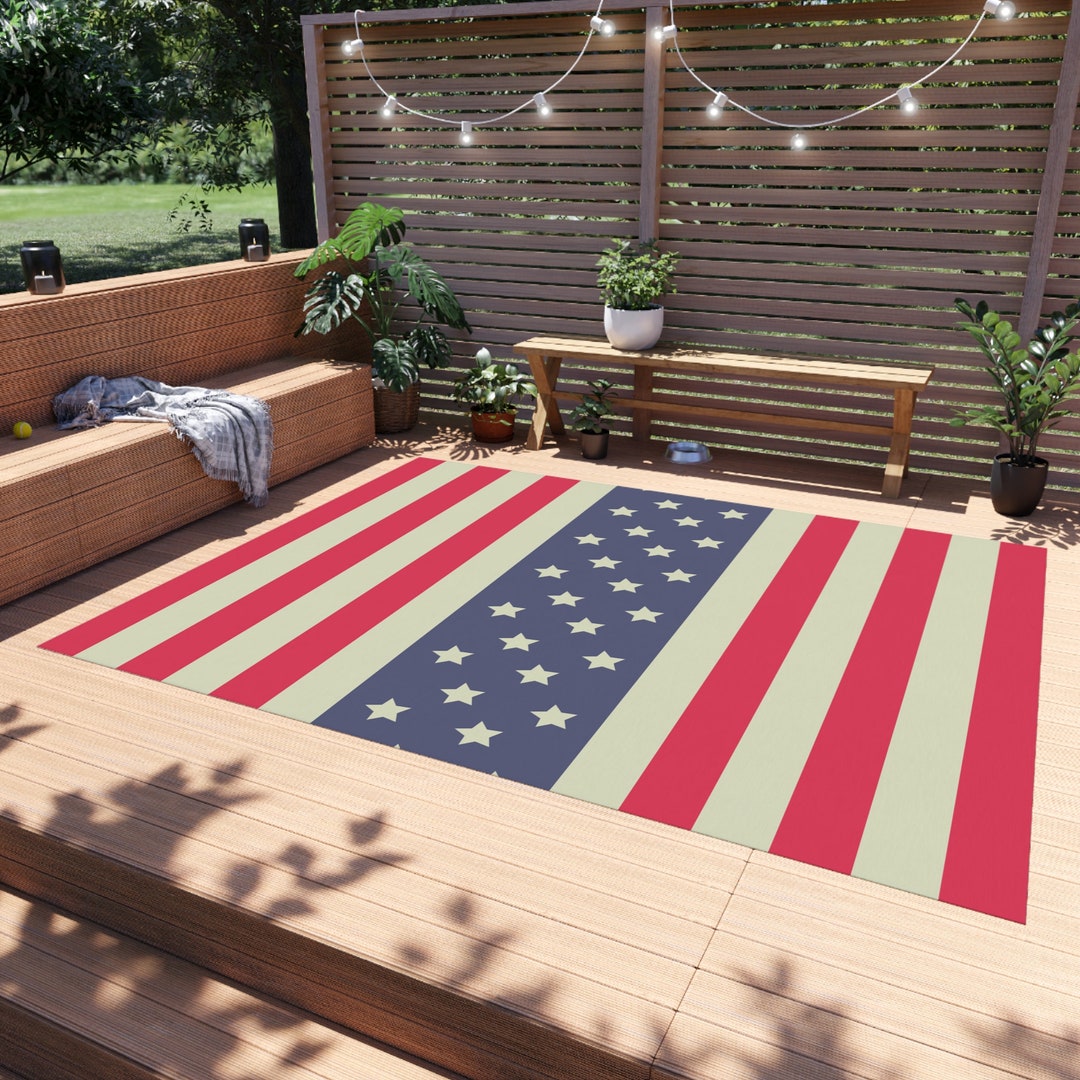 American Flag Forth of July Stars Stripes Outdoor Rug, Red Blue Cream ...