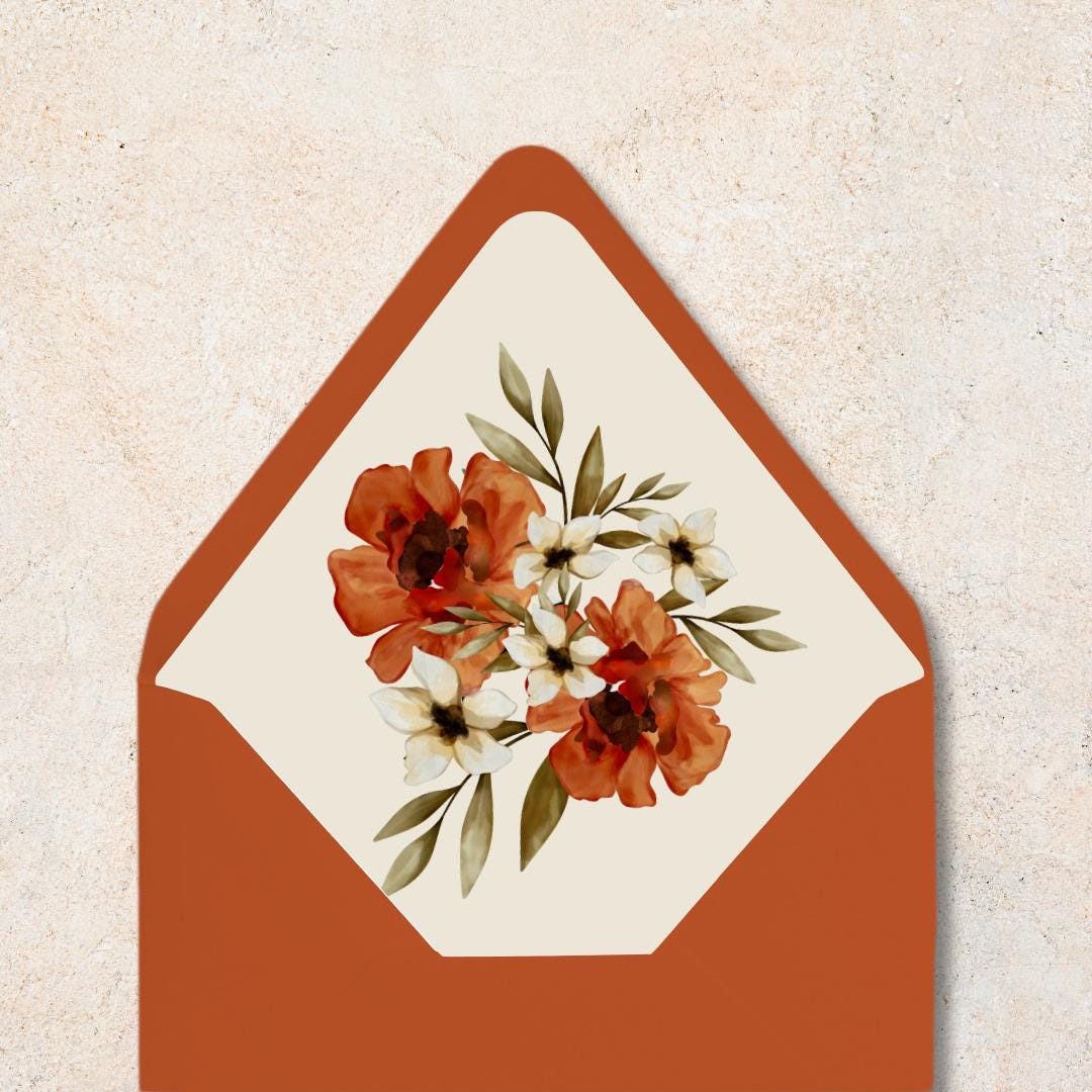 Terracotta Floral Envelope Liners for A7 or A6 Invitation Envelopes ...