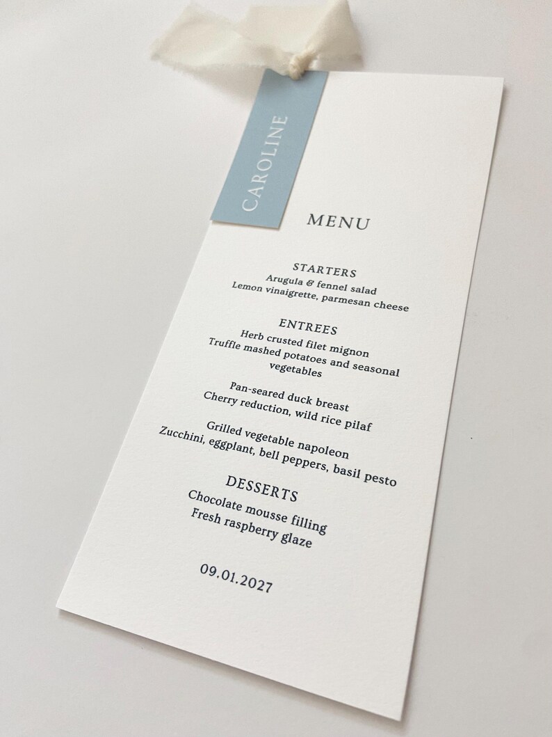 Printed Menu With Name Cards, Handmade Chiffon Ribbon, 4x9 Catering ...