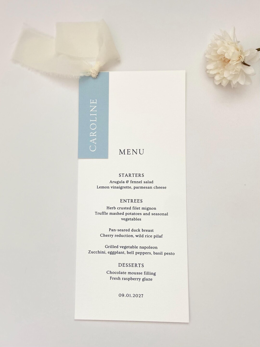 Printed Menu With Name Cards, Handmade Chiffon Ribbon, 4x9 Catering ...