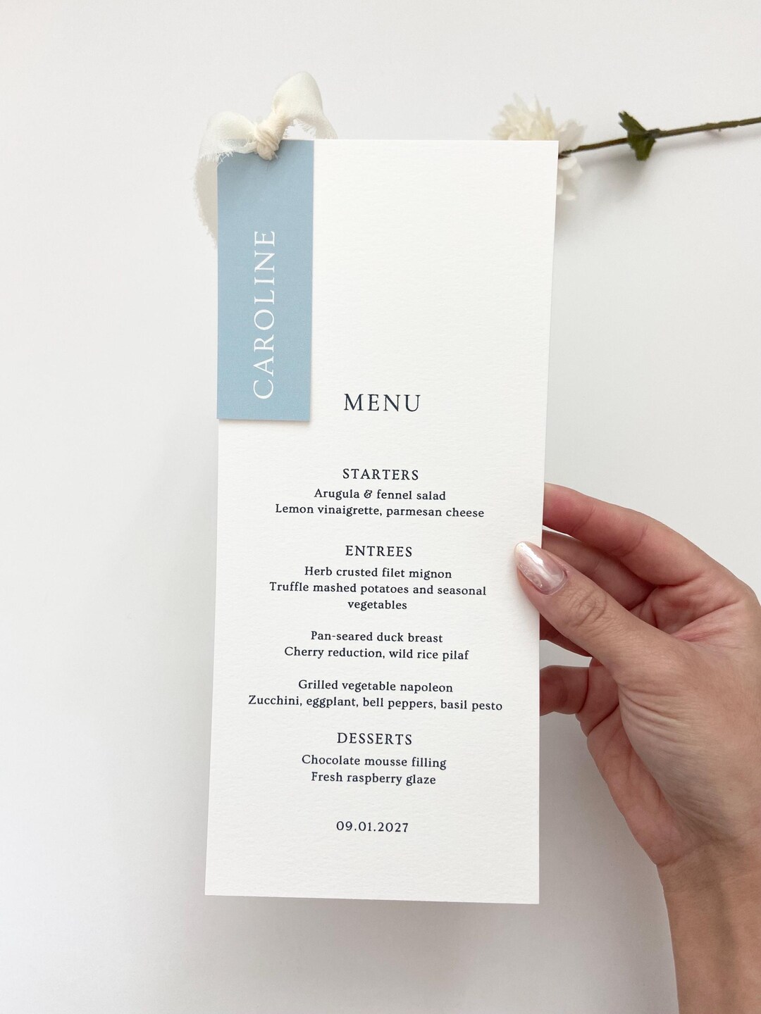 Printed Menu With Name Cards, Handmade Chiffon Ribbon, 4x9 Catering ...