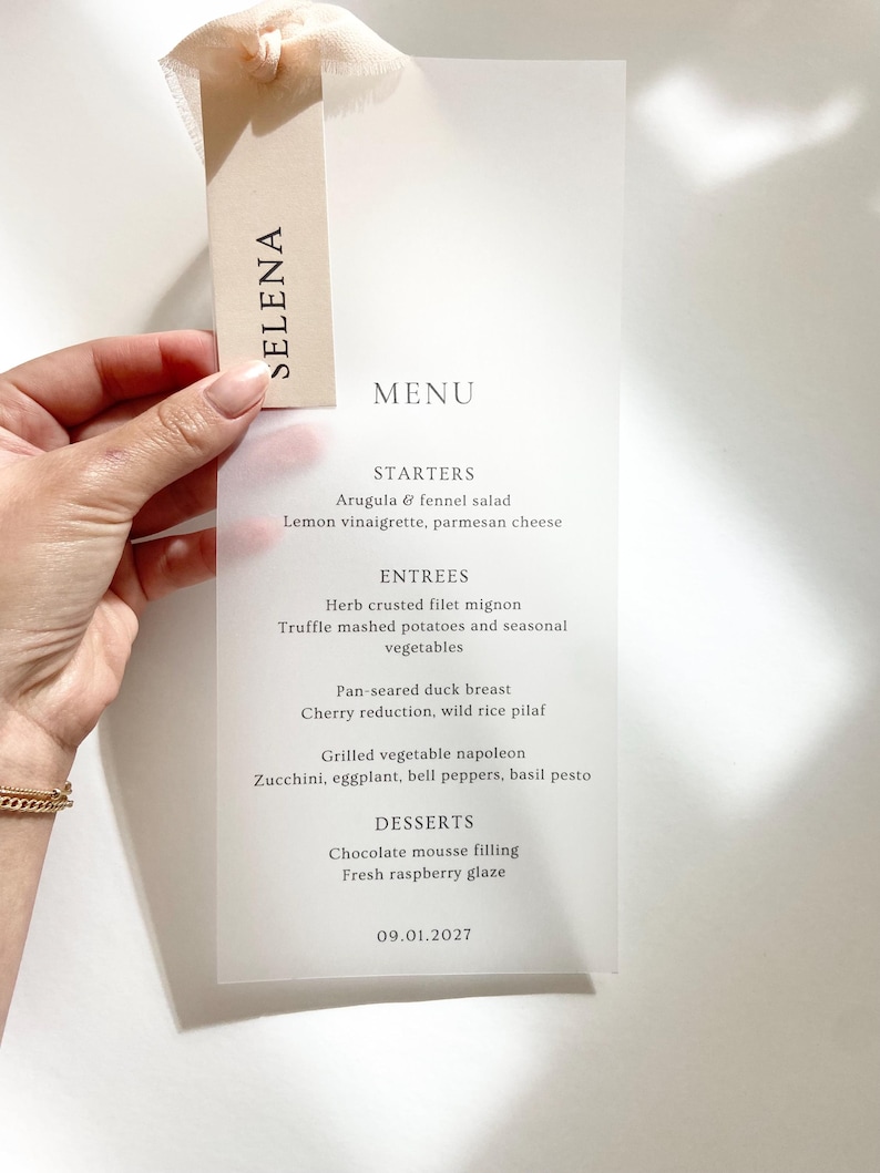Vellum Wedding Menu With Chiffon Ribbon, Place Card Name Tags, 4x9 ...