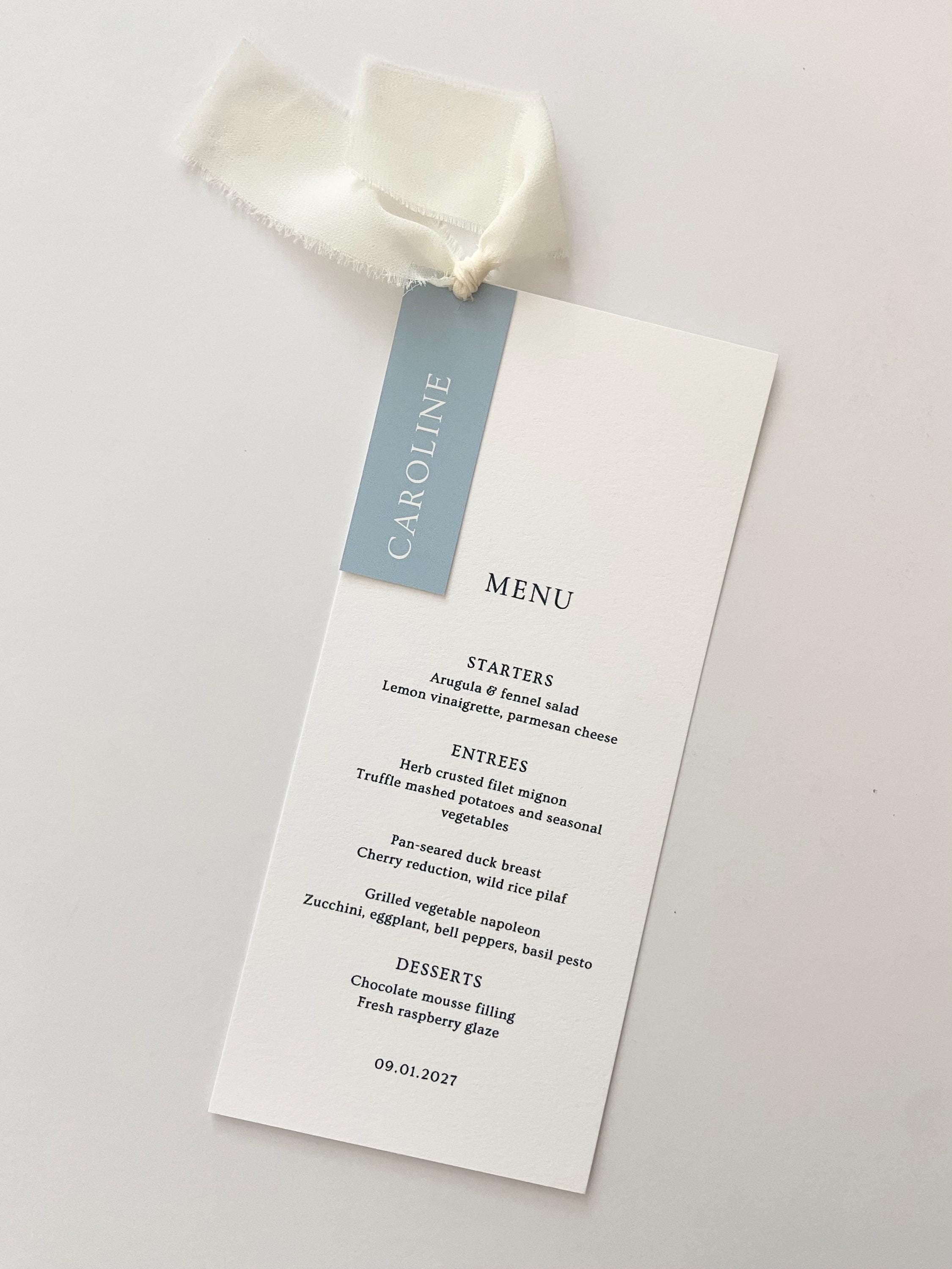 Printed Menu With Name Cards, Handmade Chiffon Ribbon, 4x9 Catering ...