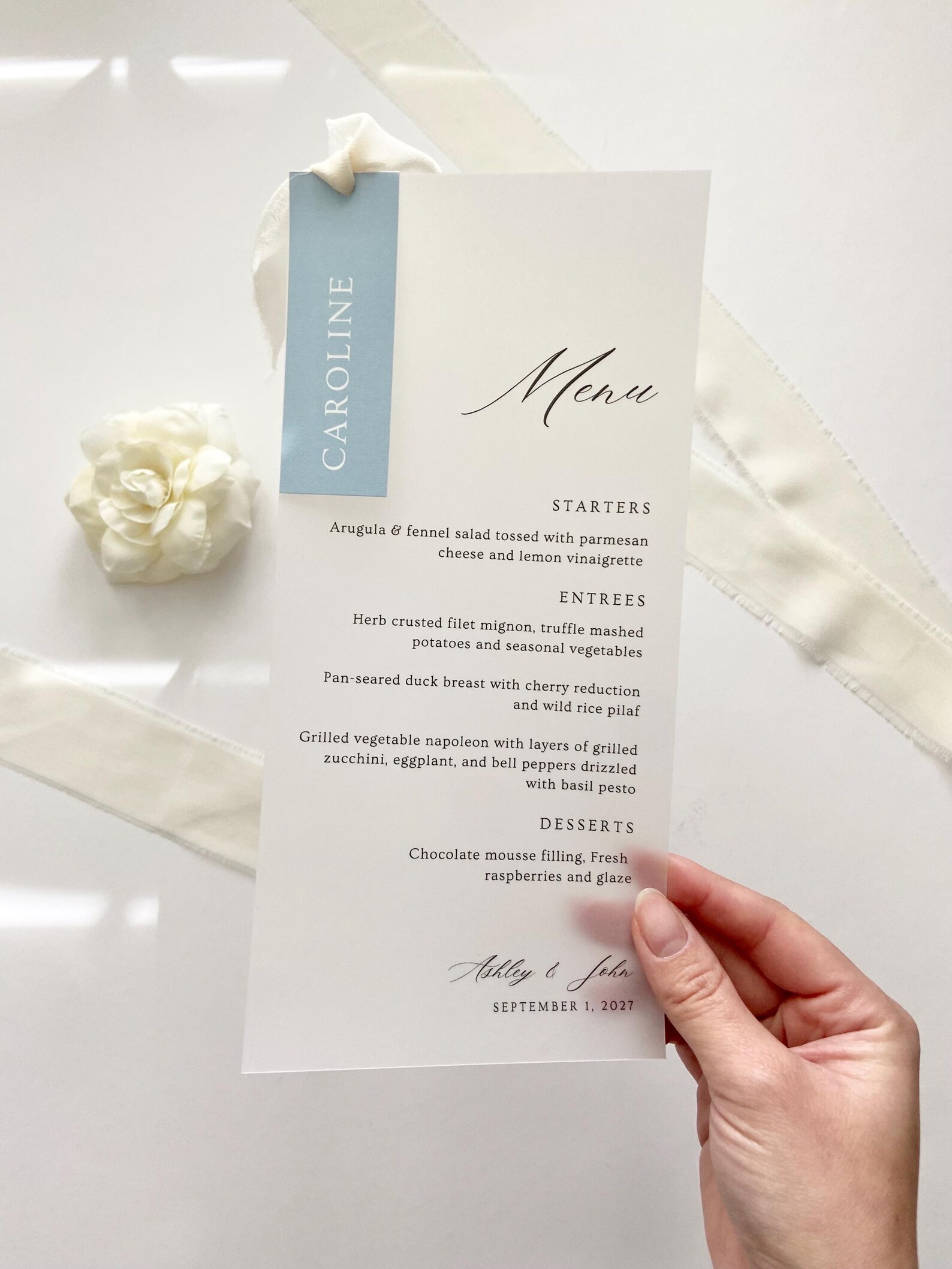 Vellum Dinner Menus With Chiffon Ribbon, Place Card Name Tags, 4x9 ...