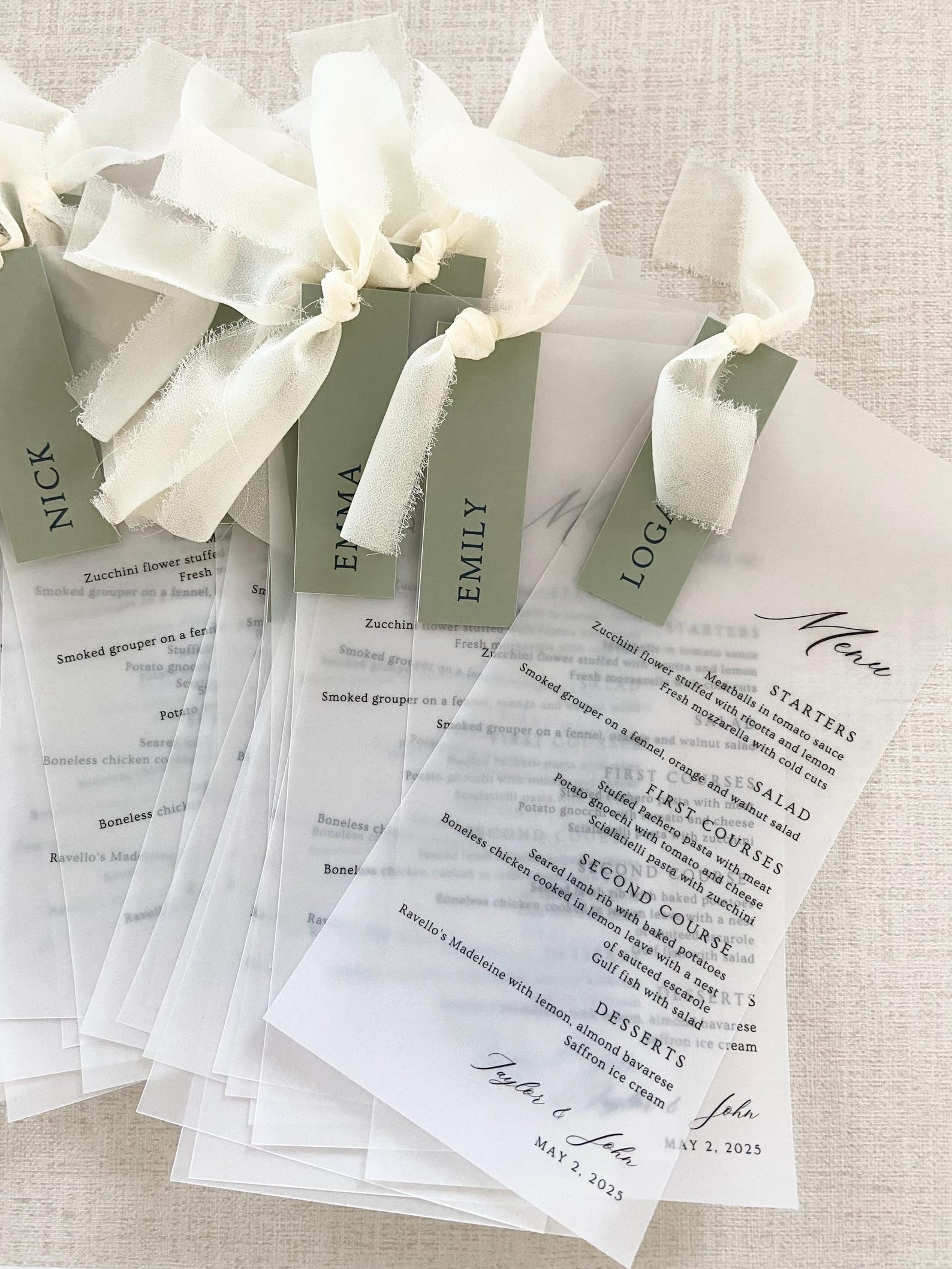 Vellum Dinner Menus With Chiffon Ribbon, Place Card Name Tags, 4x9 ...
