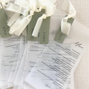 Vellum Dinner Menus With Chiffon Ribbon, Place Card Name Tags, 4x9 ...