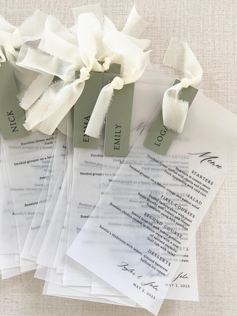 Vellum Dinner Menus With Chiffon Ribbon, Place Card Name Tags, 4x9 ...