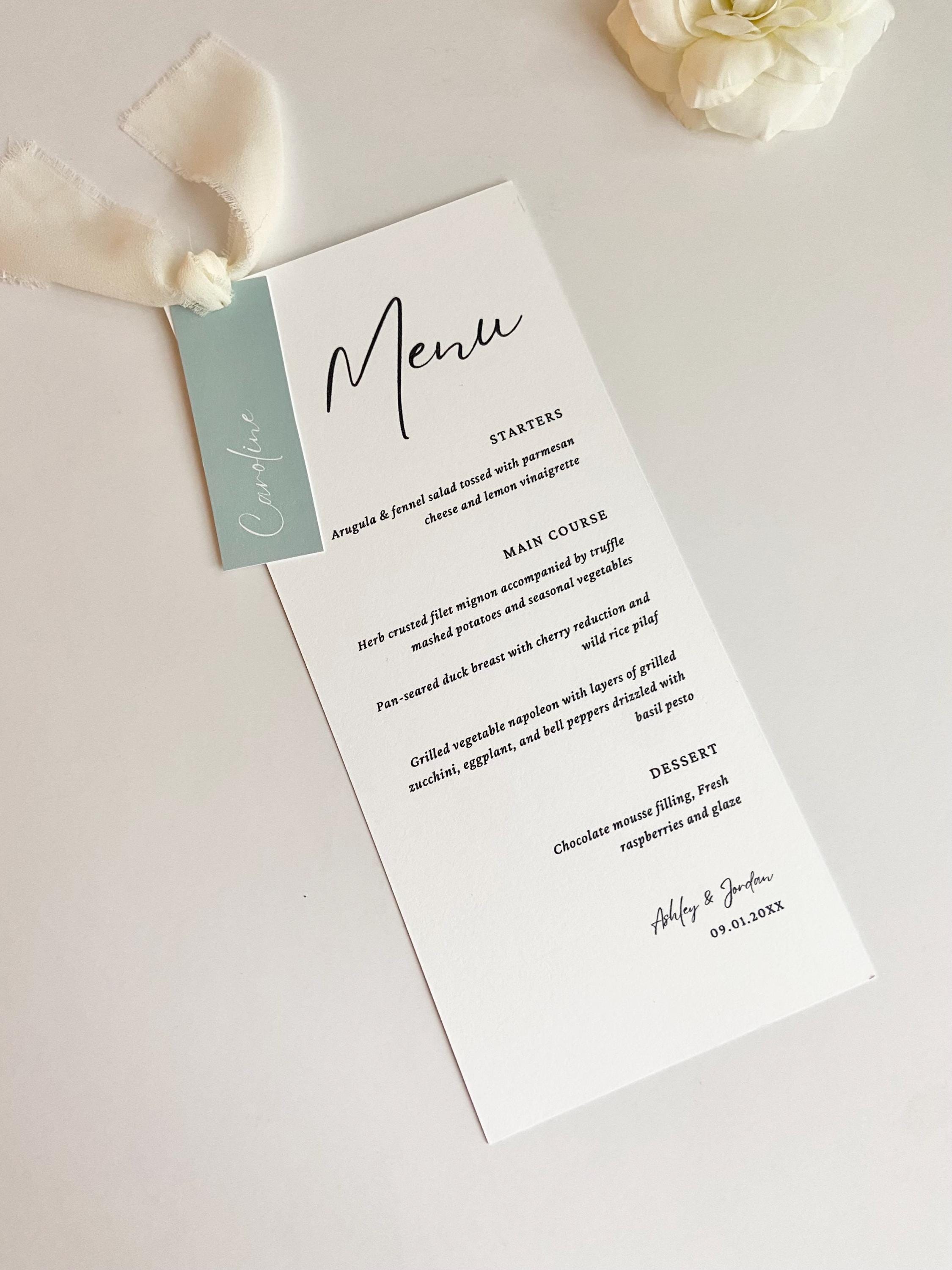 Custom Menu With Name Cards, Handmade Chiffon Ribbon, 4x9 Catering Menu ...