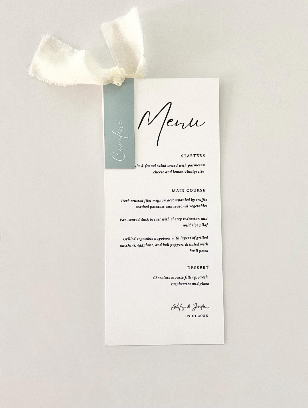 Custom Menu With Name Cards, Handmade Chiffon Ribbon, 4x9 Catering Menu ...