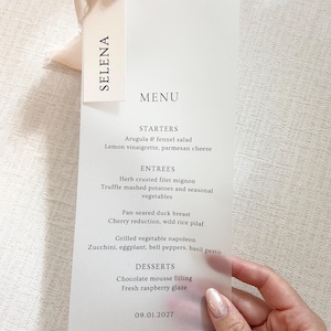 Vellum Wedding Menu With Chiffon Ribbon, Place Card Name Tags, 4x9 ...