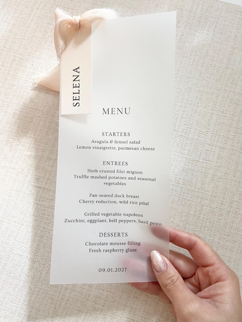 Vellum Wedding Menu With Chiffon Ribbon, Place Card Name Tags, 4x9 ...