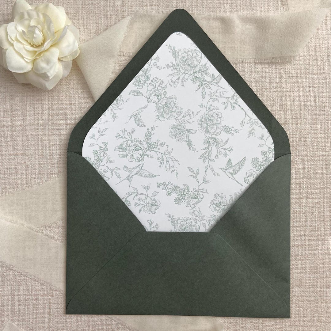 Sage Toile Envelope Liners for A7 5x7 Envelopes, Floral Greenery, Lined ...