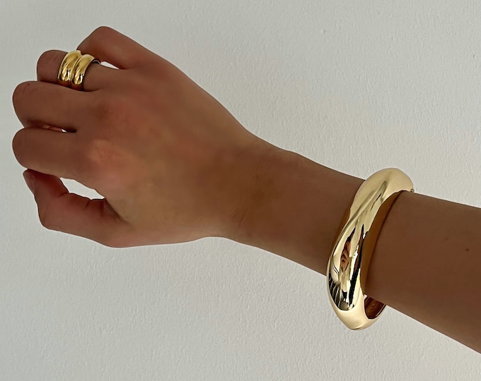 Chunky Geometric Gold Bangle Waterproof Gold Bracelet Cuff 14k Gold Plated Stainless Steel ...