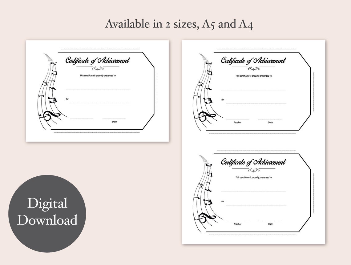 Printable Music Certificate of Achievement Template, Printable A4 and ...