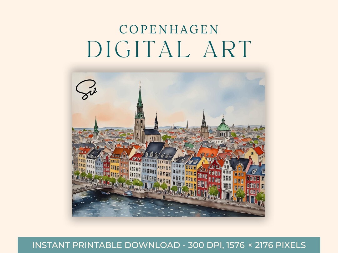 Copenhagen Watercolor Painting (DIGITAL ART) Denmark, Travel Art, Art ...