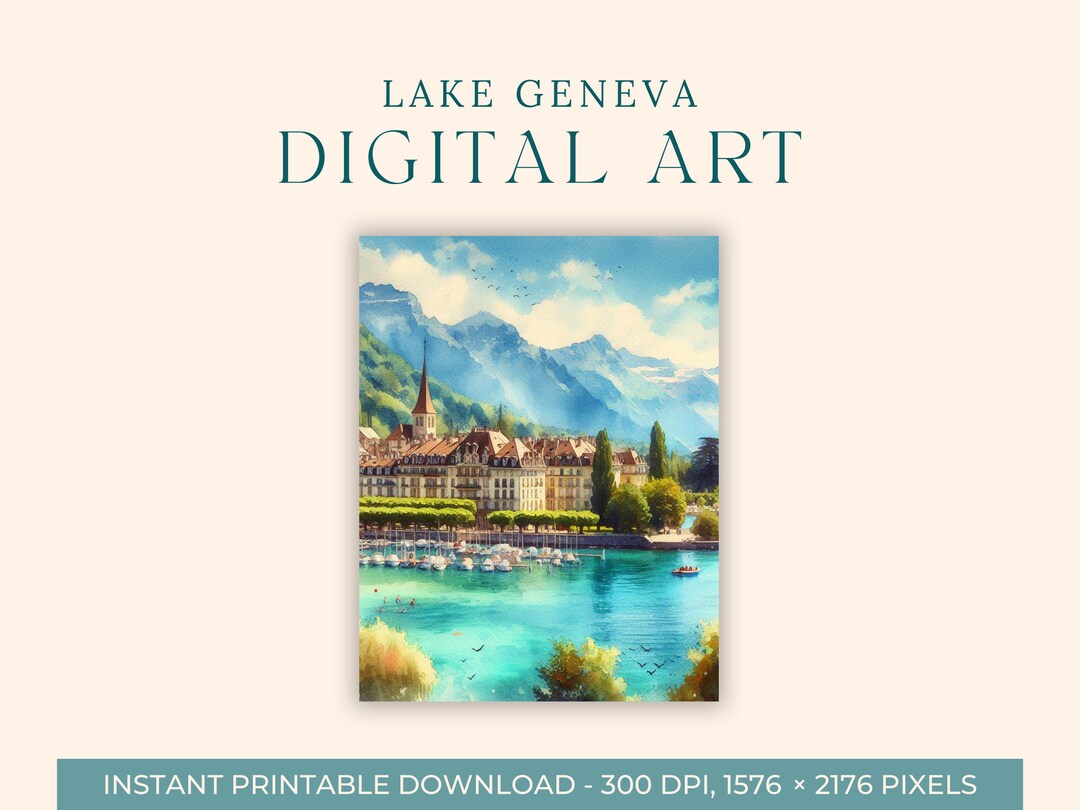 Lake Geneva Watercolor Painting (DIGITAL ART) Switzerland, Travel Art ...