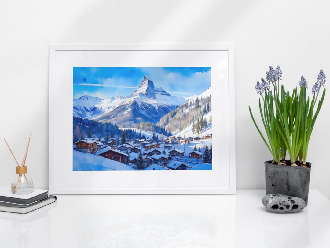 Swiss Alps Watercolor Art Print - Switzerland Wall Art, Cityscape ...