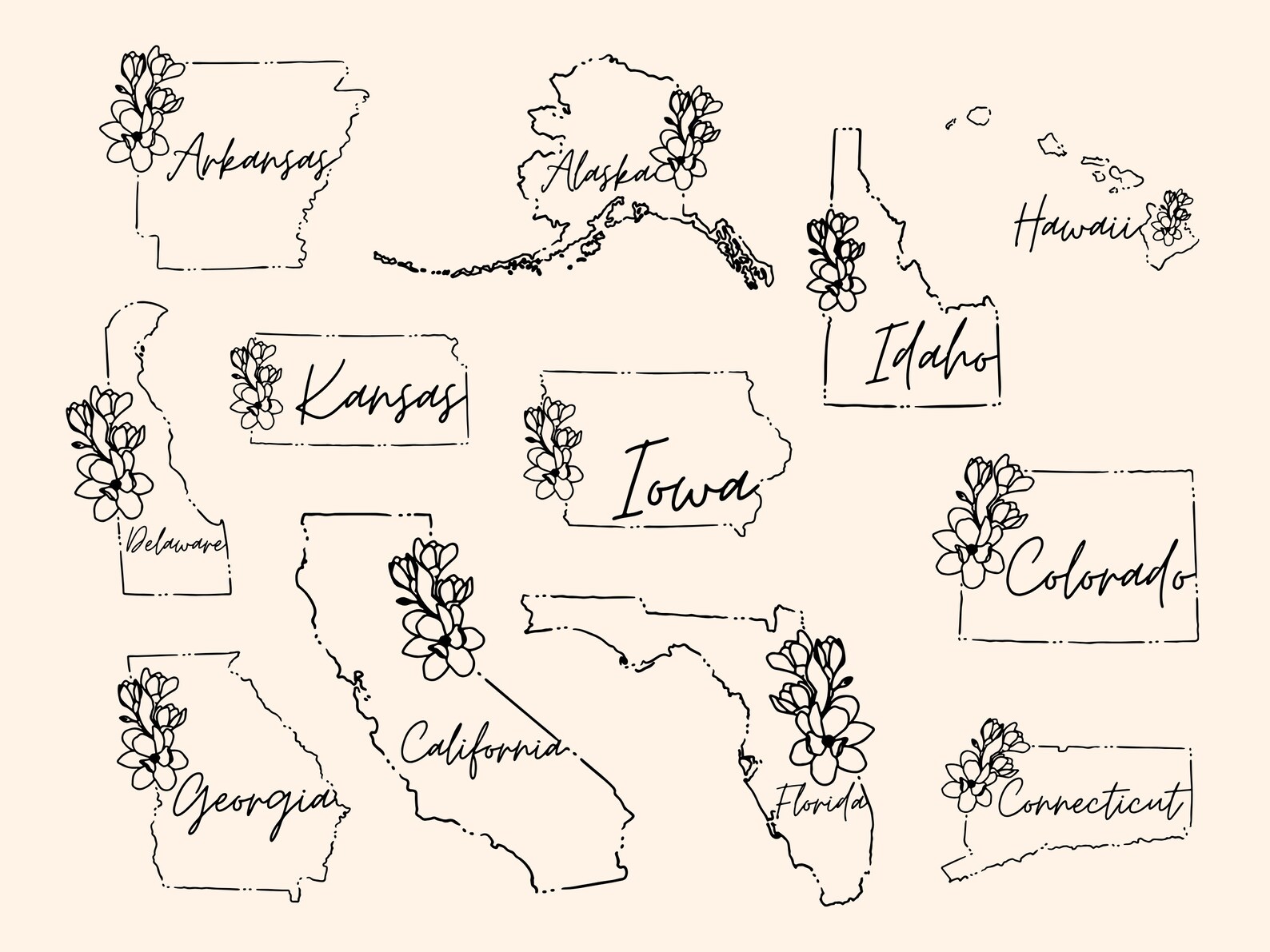 State SVG Bundle - Floral State Svg Art, United States Svg, Svg Cut ...