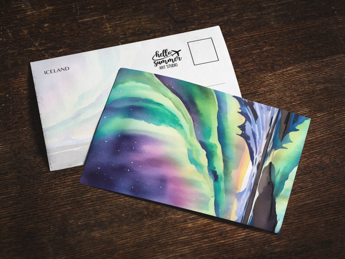 Iceland Watercolor Postcard, 5 X 7 Stationery, Northern Lights, Mini ...