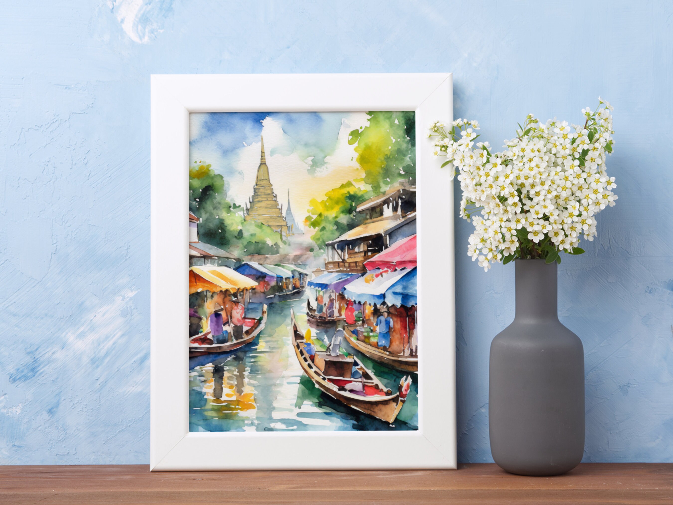 Bangkok Floating Market Watercolor Art Print - Thailand, Wall Art ...