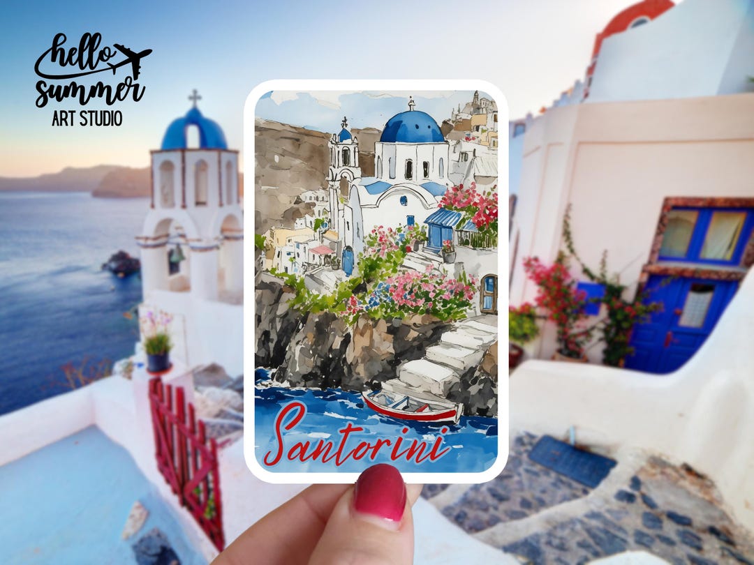 Santorini Sticker - Santorini Watercolor, Greece Sticker, Travel ...